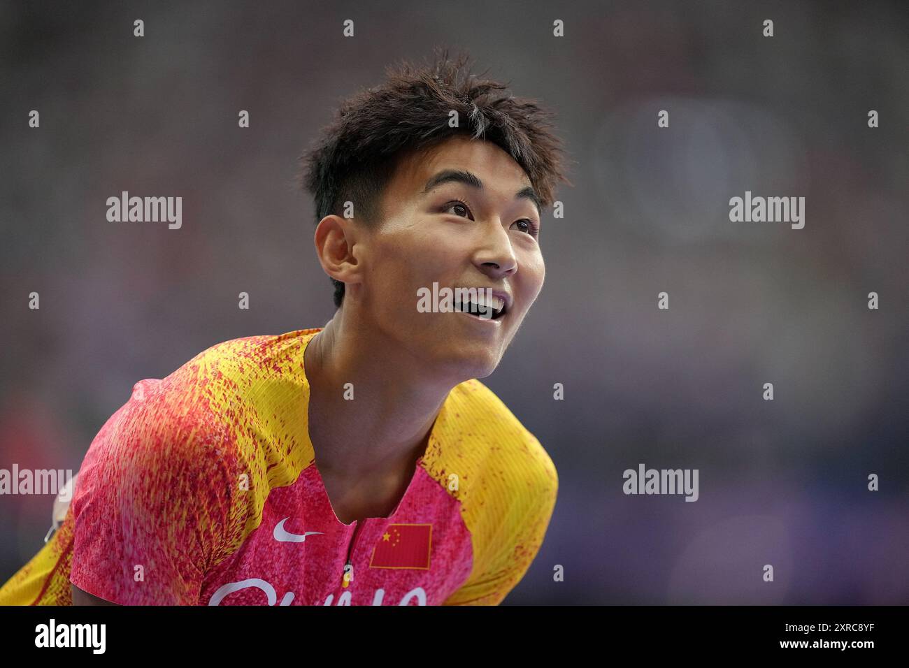 Paris, France. 9th Aug, 2024. Chen Jiapeng of team China reacts after the men's 4X100M relay ...
