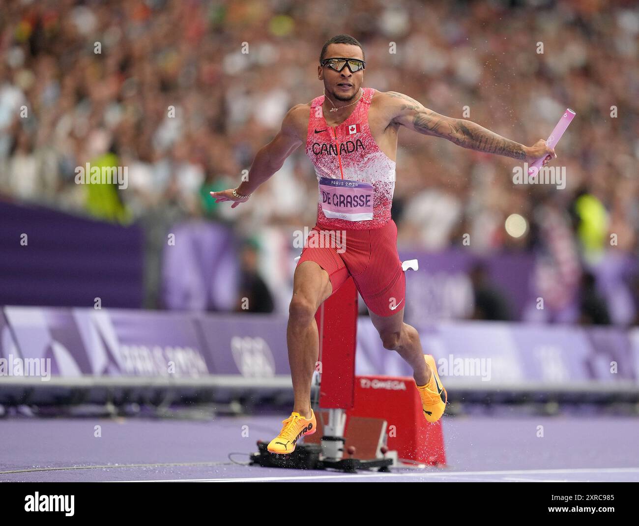 Paris, France. 9th Aug, 2024. Andre de Grasse of team Canada reacts ...