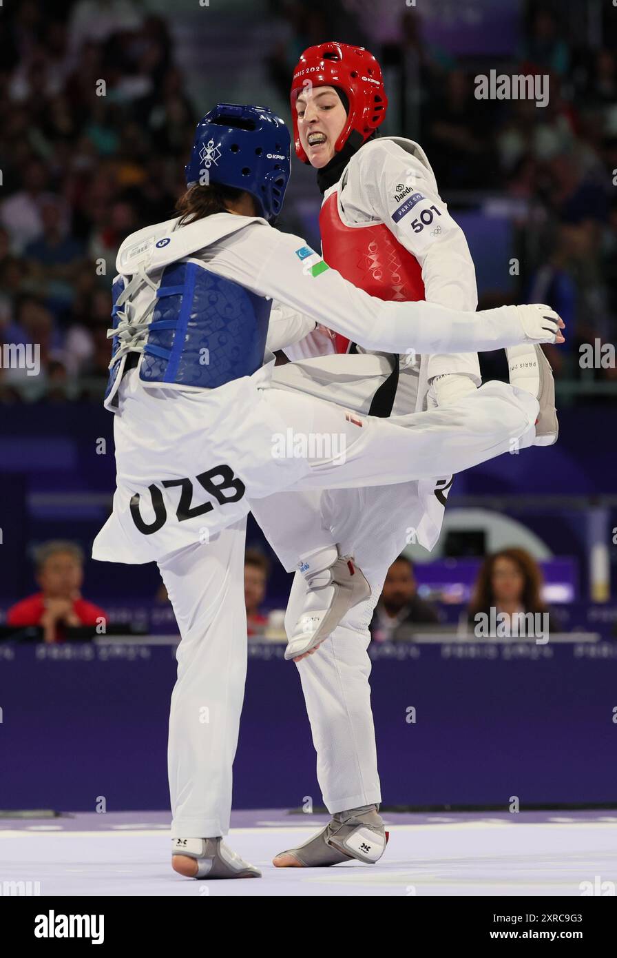 Paris, France. 09th Aug, 2024. Belgian taekwondoka Sarah Chaari (red ...