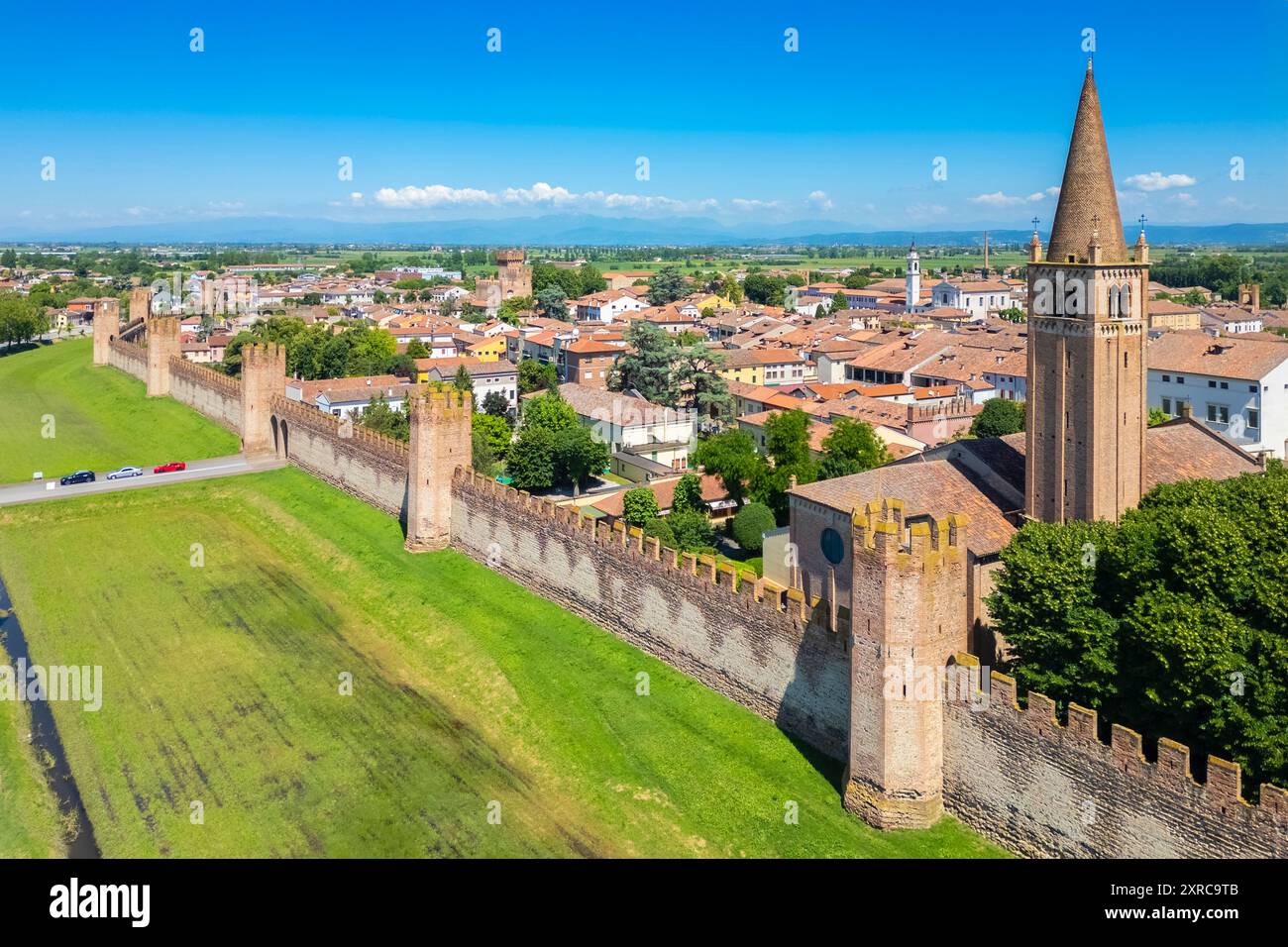 Aerial view of the medieval city walls of the town of Montagnana and ...