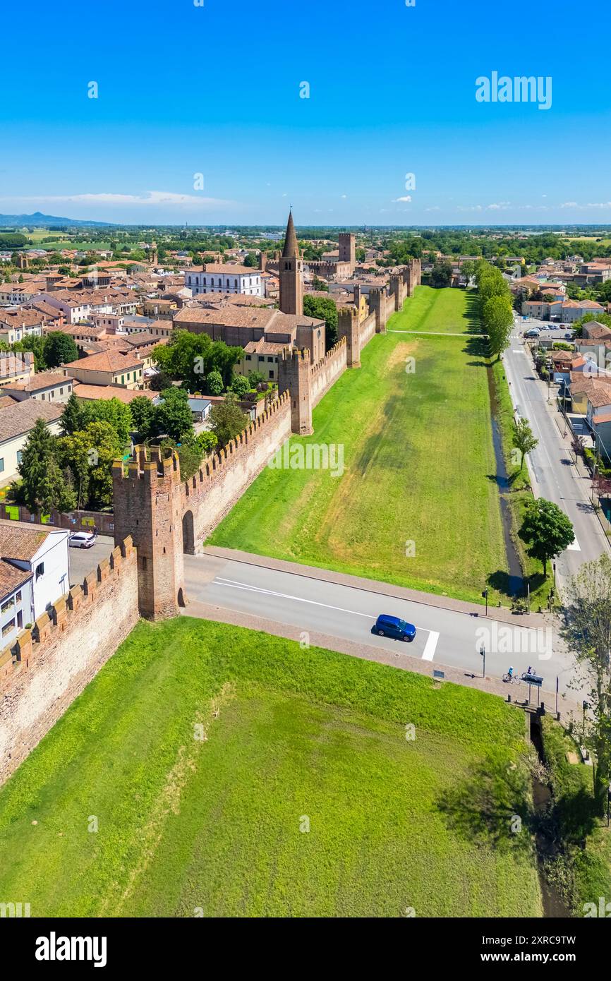 Aerial view of the medieval city walls of the town of Montagnana ...