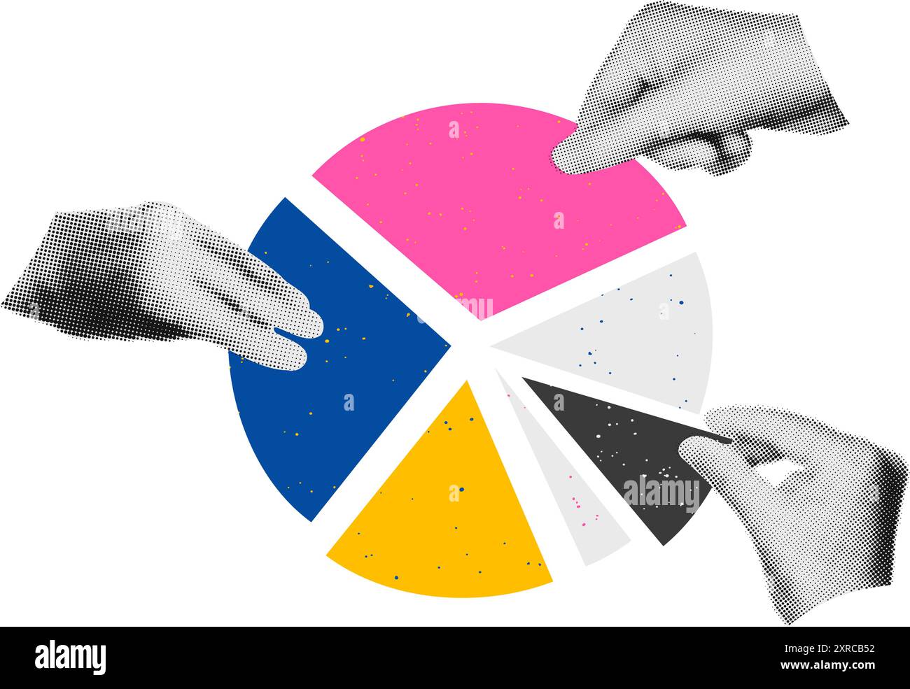 Halftone hands holding pie chart parts collage vector illustration ...