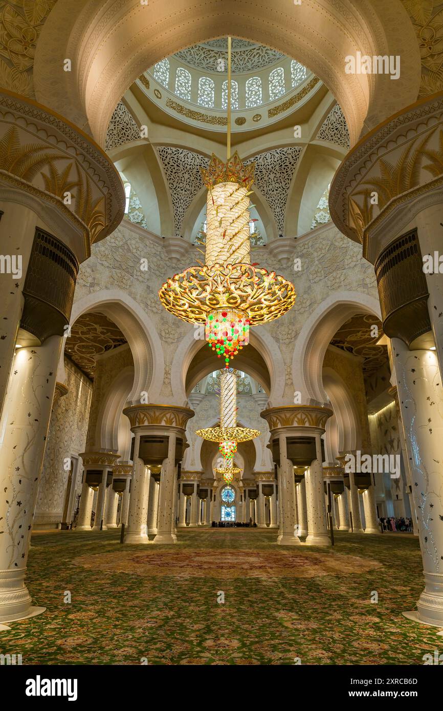 Prayer hall, interior with three chandeliers, largest hand-knotted ...