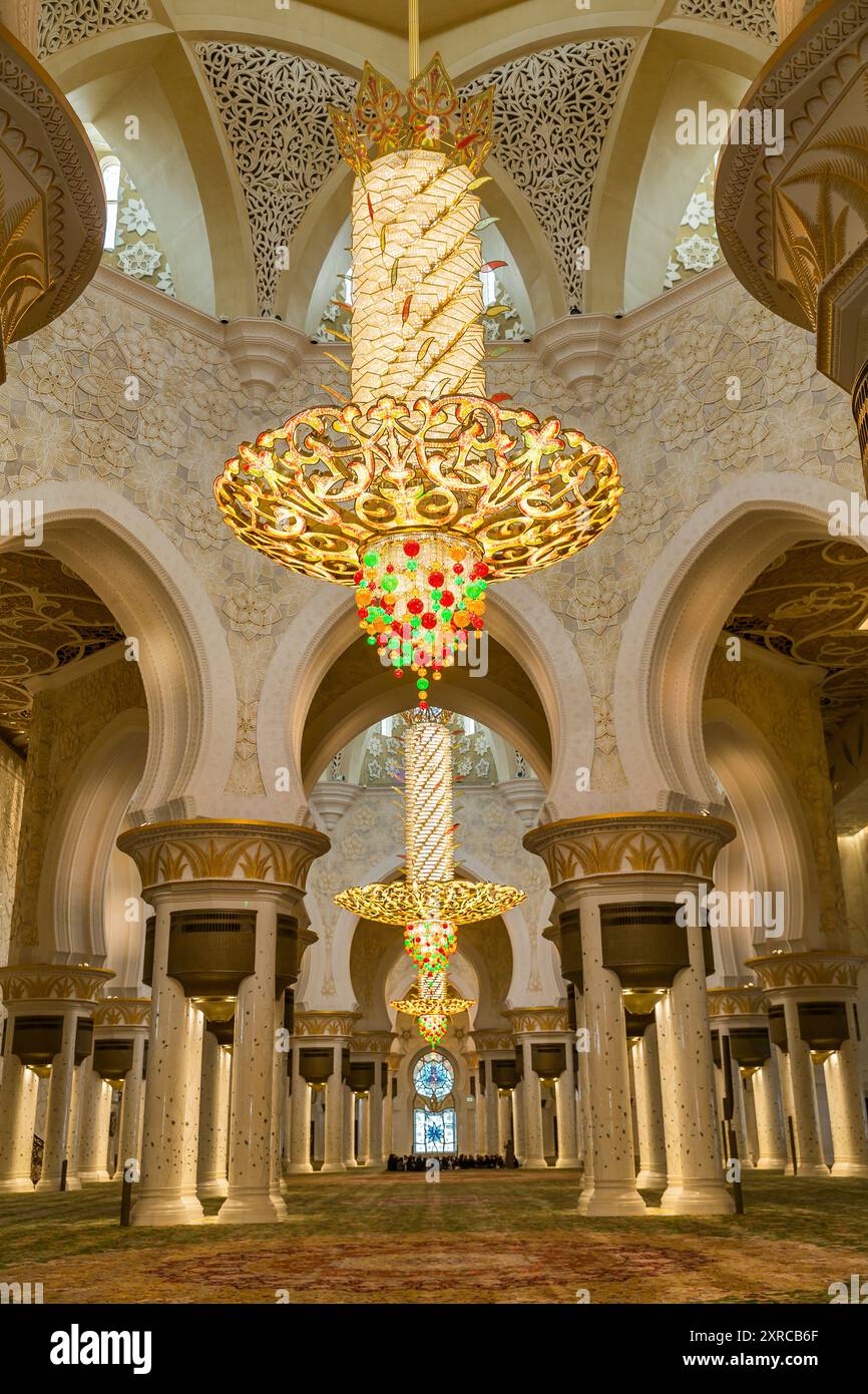 Prayer hall, interior with three chandeliers, largest hand-knotted ...