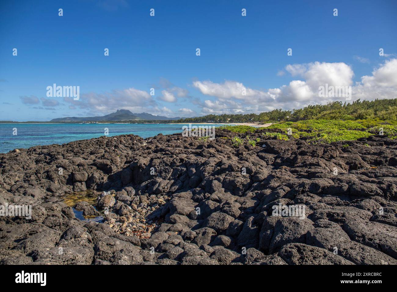 beautiful lava beach during the day, lava stones alternate with crystal ...
