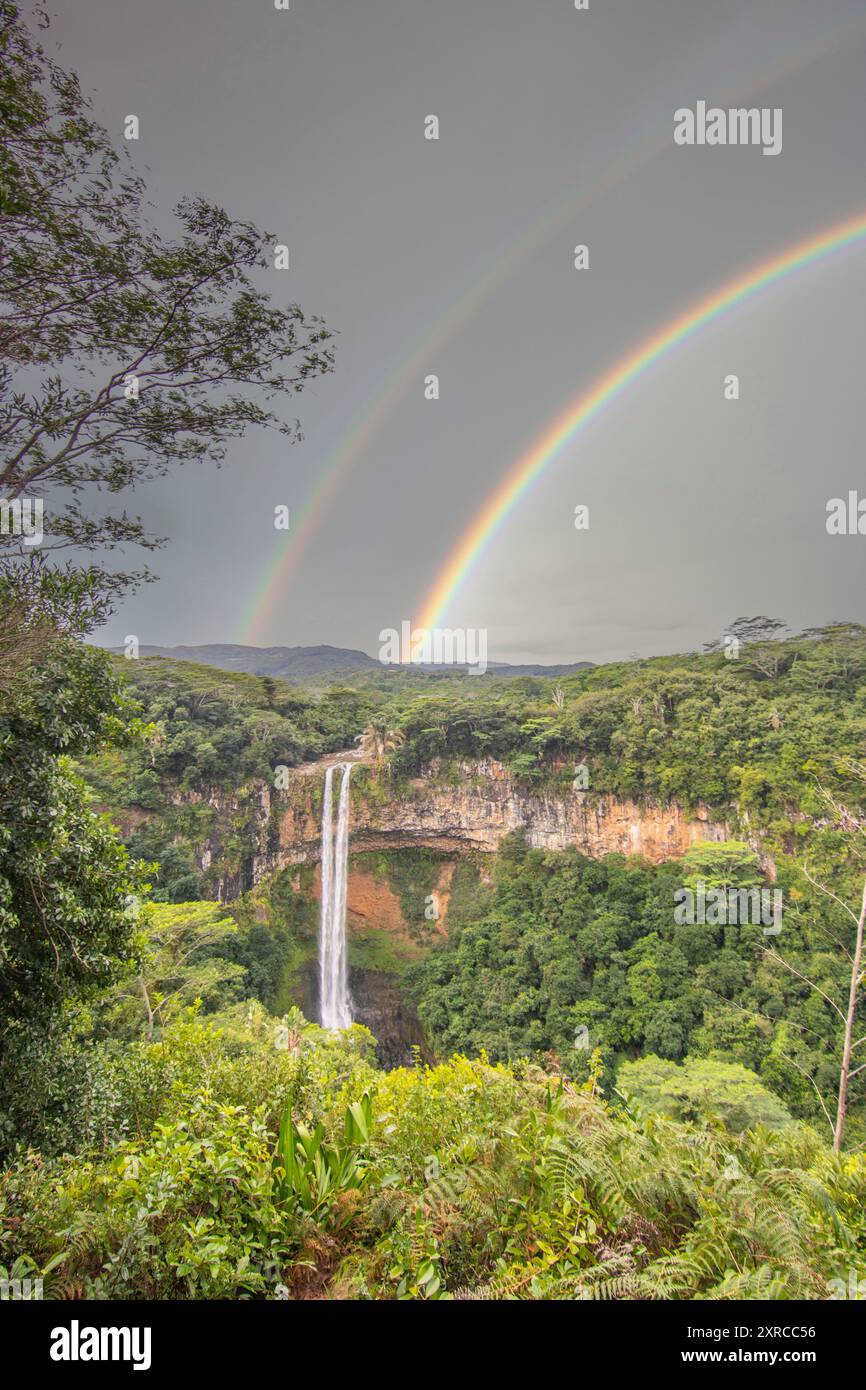 The Chamarel waterfall is 80 m high and plunges into a gorge, view of ...