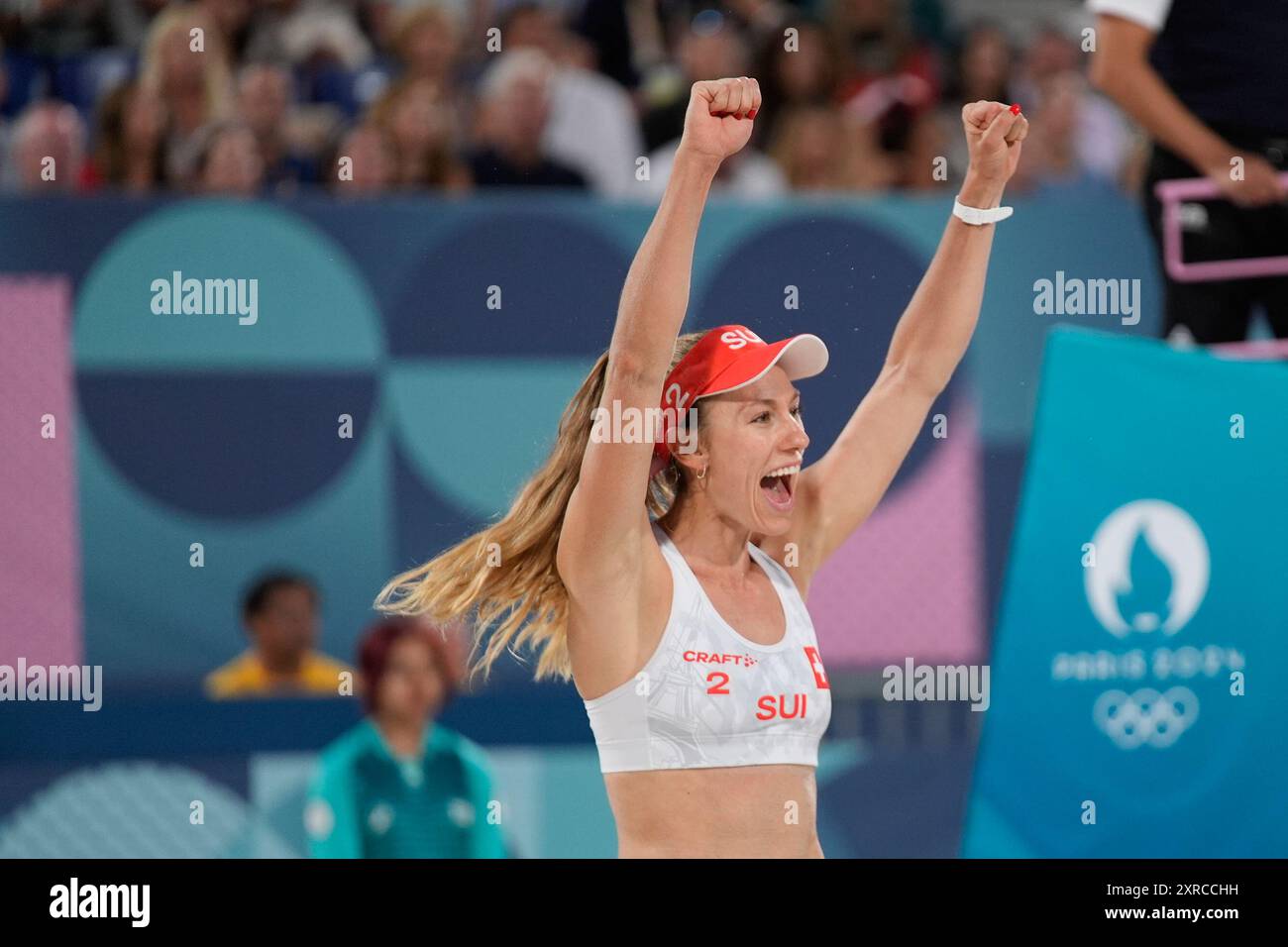 Switzerland's Nina Brunner celebrates a point in the women's beach ...