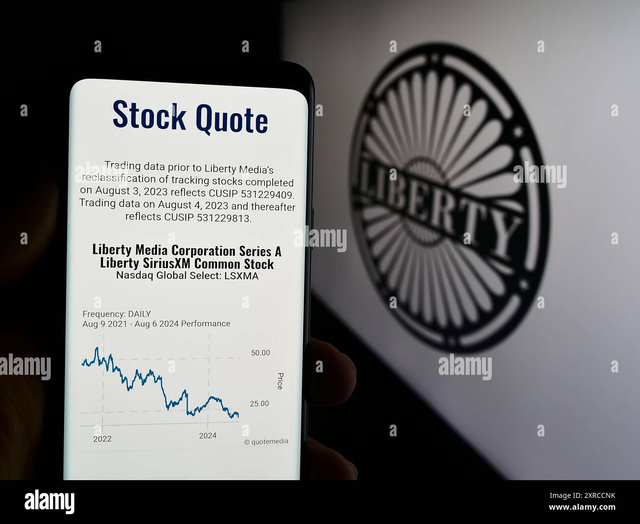 Person holding cellphone with webpage of US mass media company Liberty ...