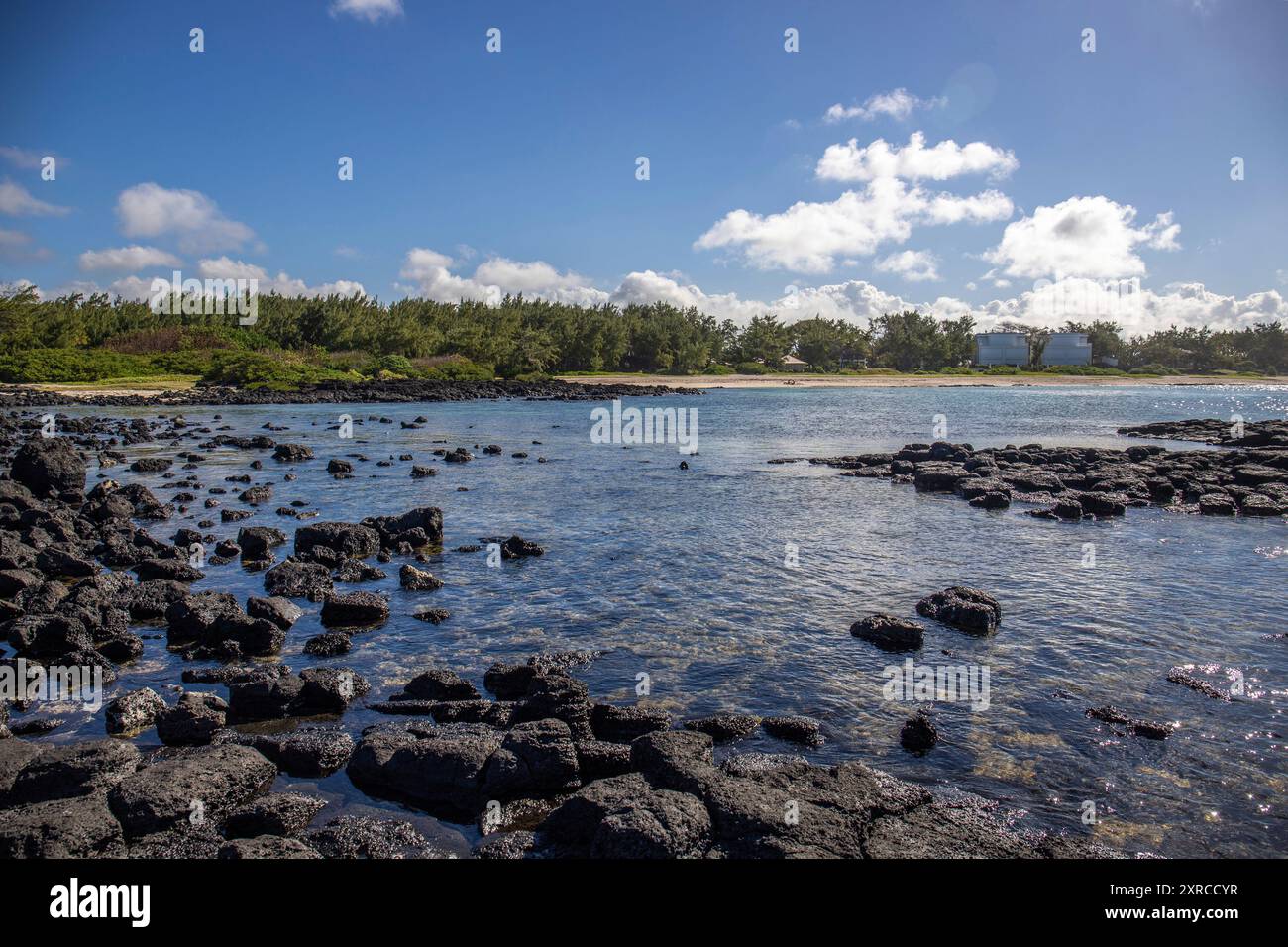 Small waves surround lava rocks by the sea, coastline of an island in ...