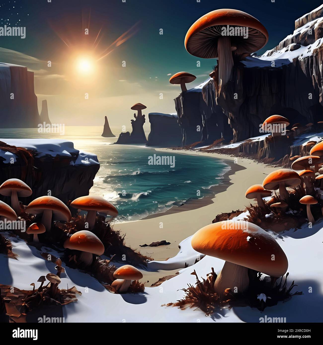 an alien beach on the mushroom planet Stock Photo - Alamy