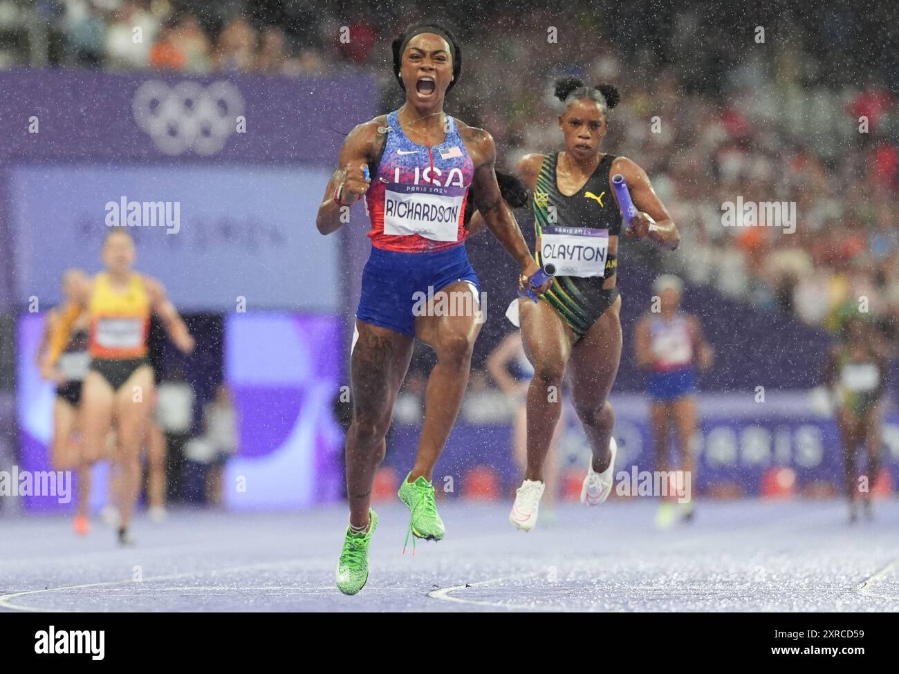 Paris, France. 09th Aug, 2024. Sha'carri Richardson of the U.S. crosses ...