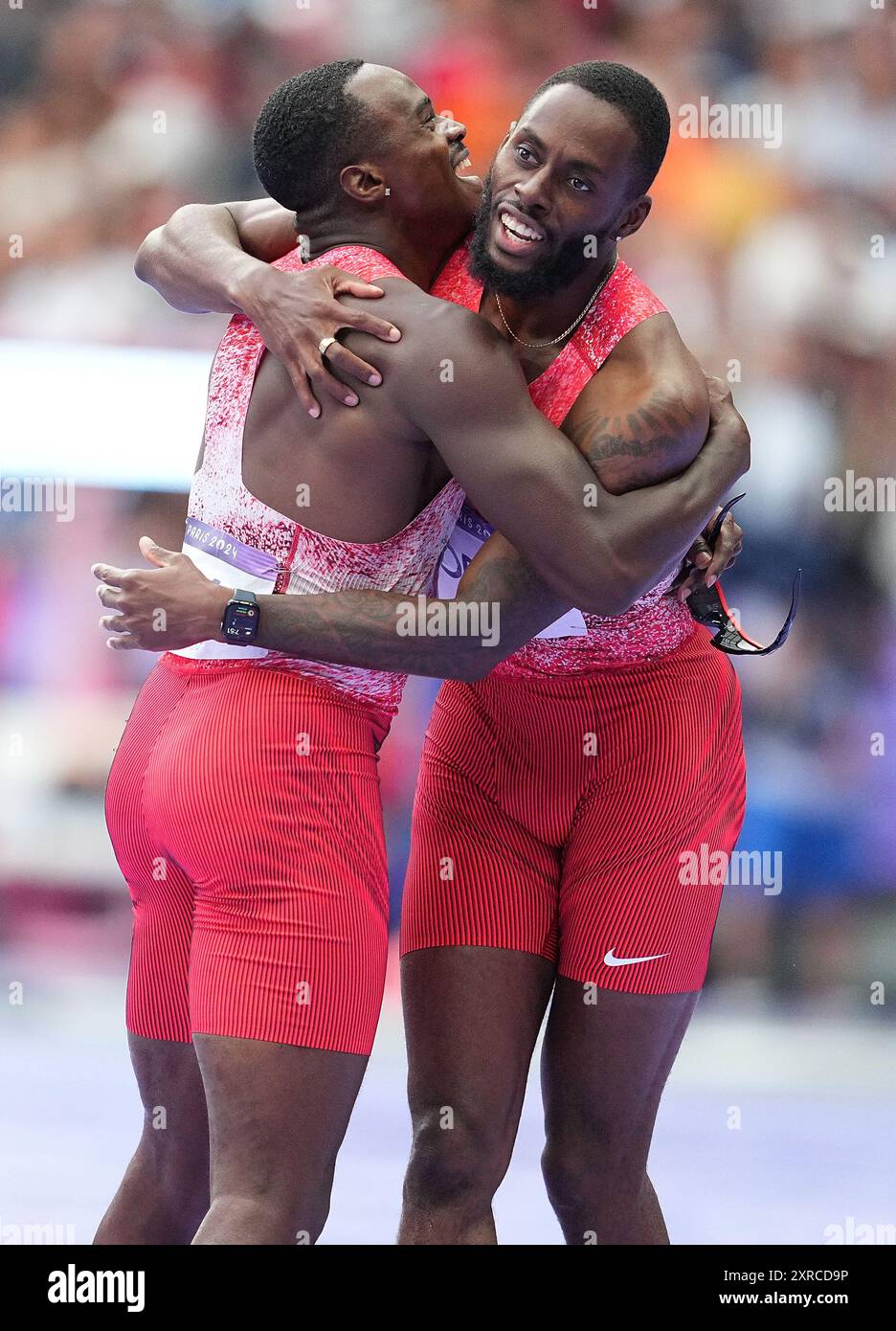 Paris, France. 9th Aug, 2024. Brendon Rodney (R) of team Canada reacts ...