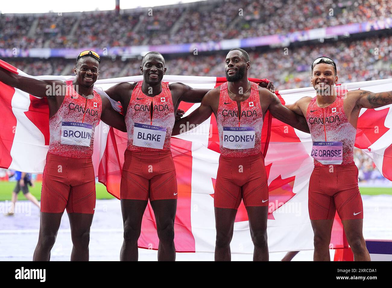 Paris, France. 9th Aug, 2024. (R to L) Andre de Grasse, Brendon Rodney ...