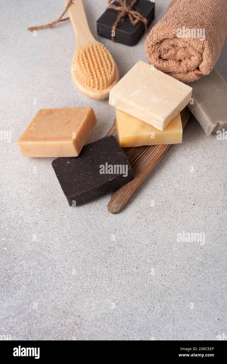 Handmade soap bars, terry towel and wooden massage brush. Bodycare and ...
