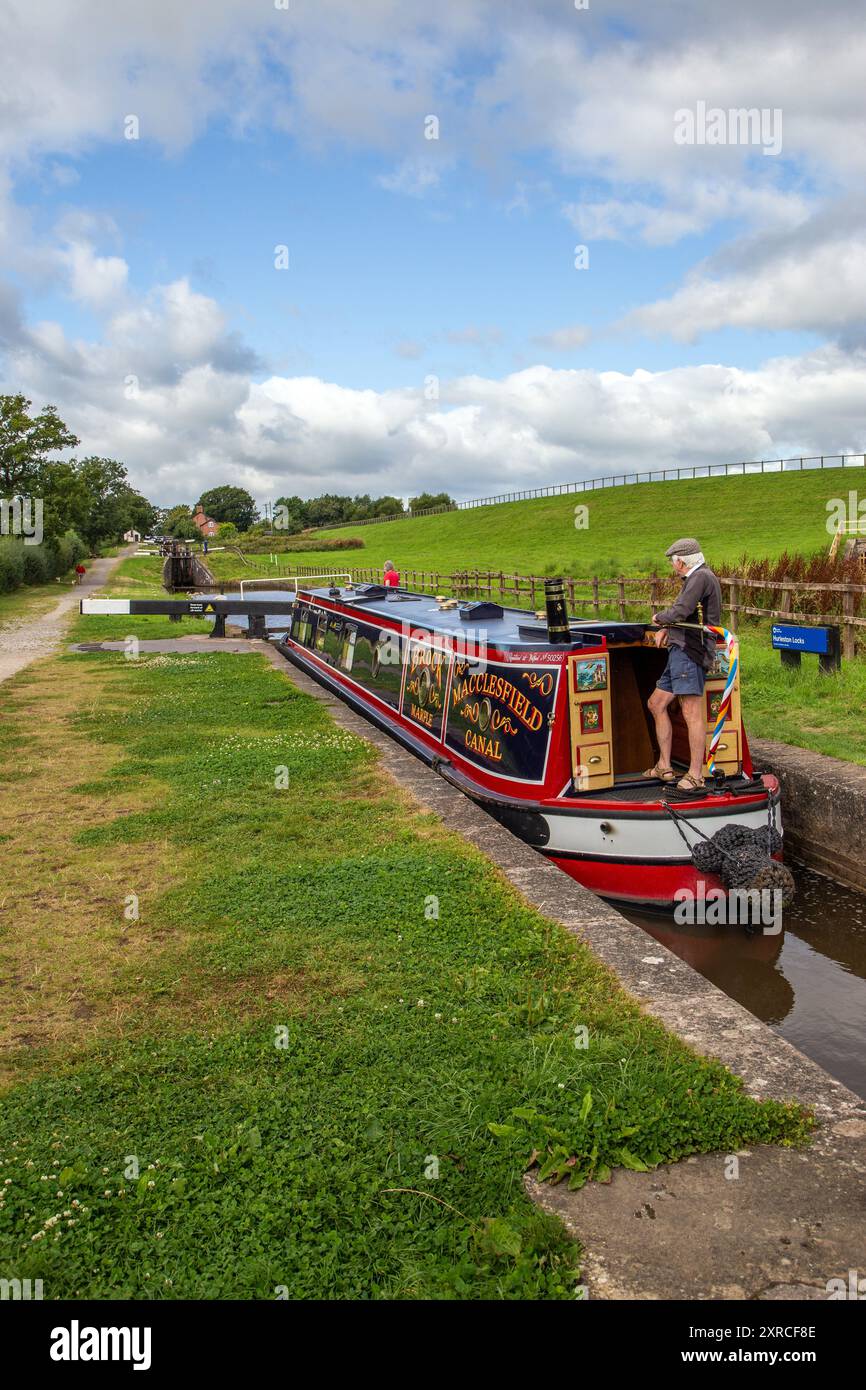 Canal narrowboat passing through Swanley lock no 1 on the Llangollen ...