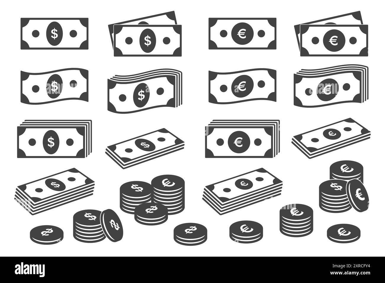Euro and dollar banknotes and cents set. Payment paper money icons ...