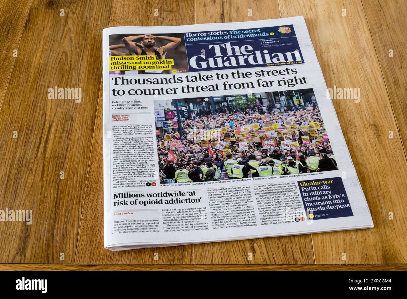 8 August 2024. Headline in The Guardian is Thousands take to the ...
