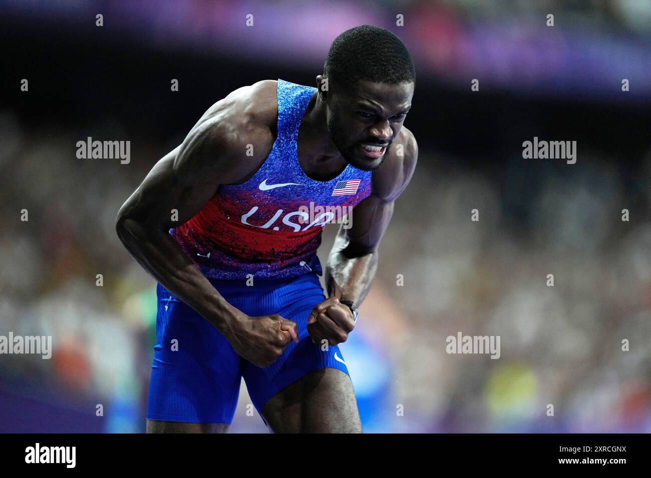 Rai Benjamin, of the United States, reacts after winning the gold medal ...