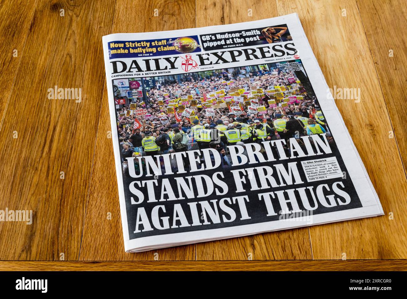 8 August 2024. Headline in Daily Express is United Britain Stands Firm ...