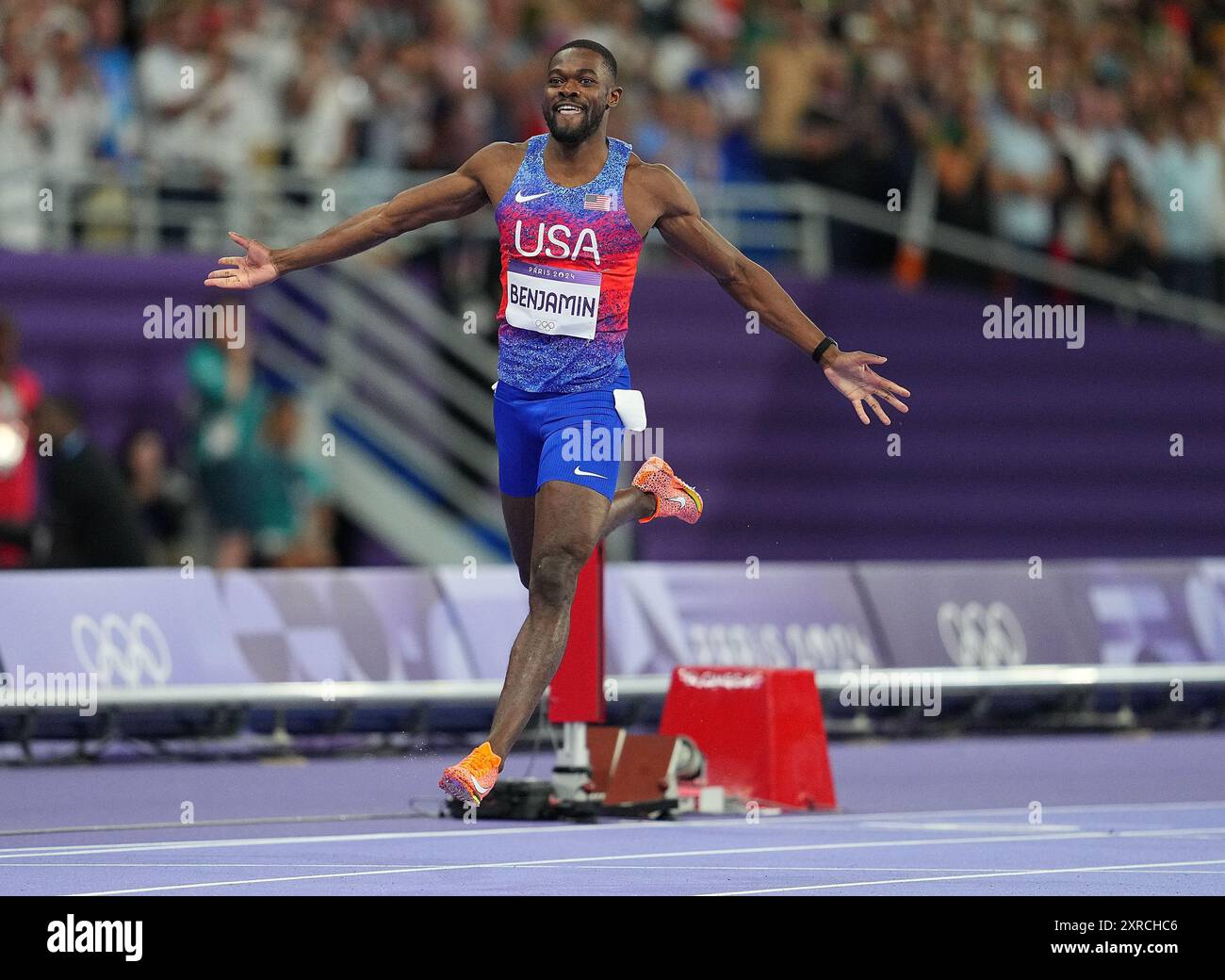 Paris, France. 9th Aug, 2024. Rai Benjamin of the United States crosses ...