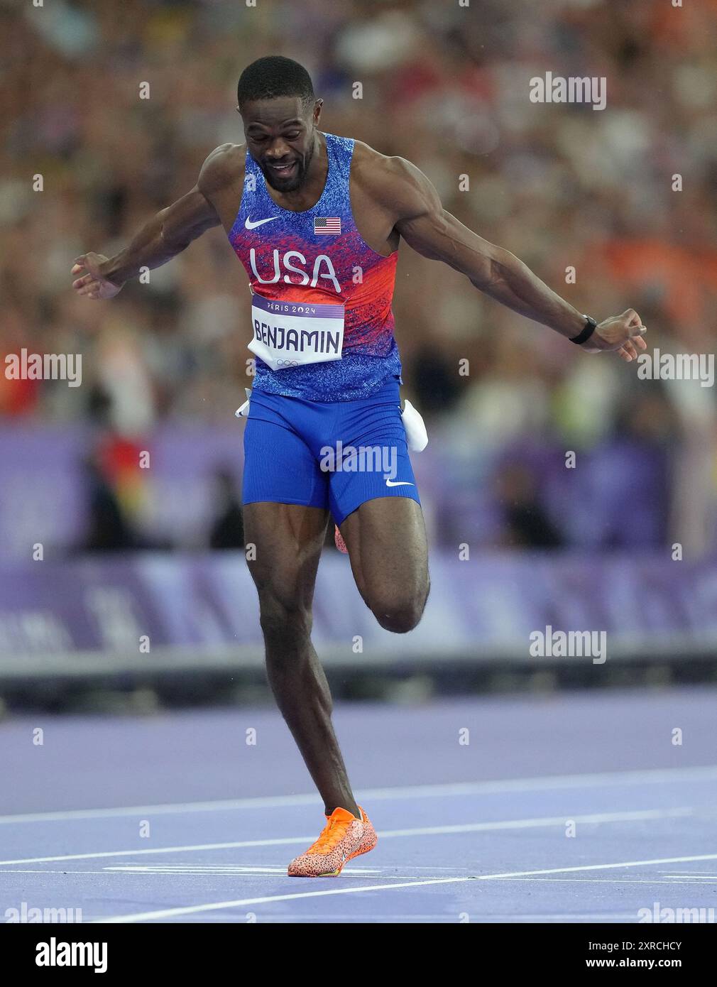 Paris, France. 9th Aug, 2024. Rai Benjamin of the United States crosses ...