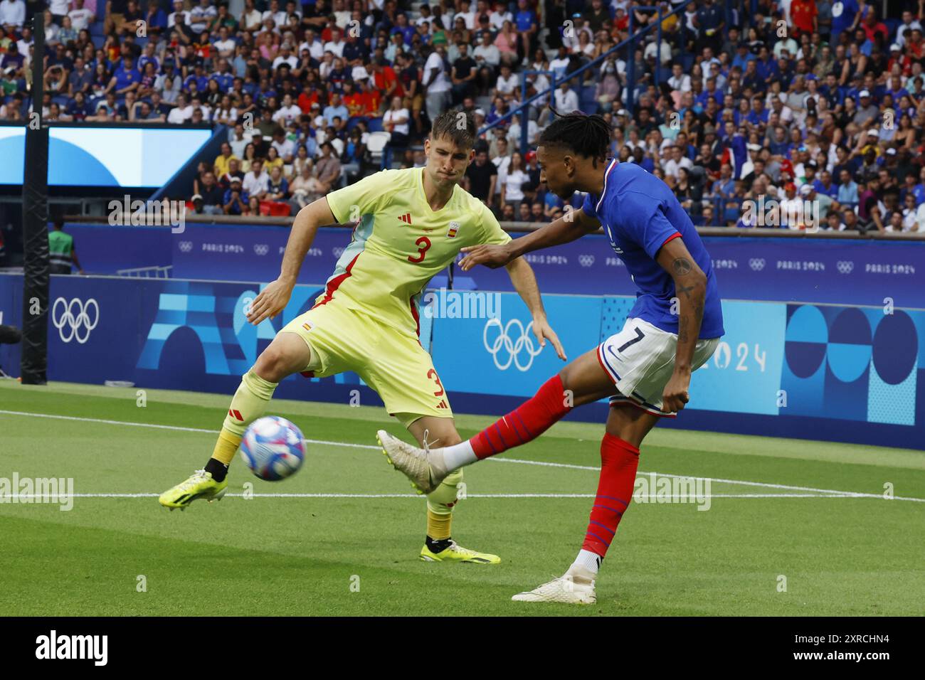 Paris, France. 09th Aug, 2024. Michael Olise of France and Juan Miranda ...