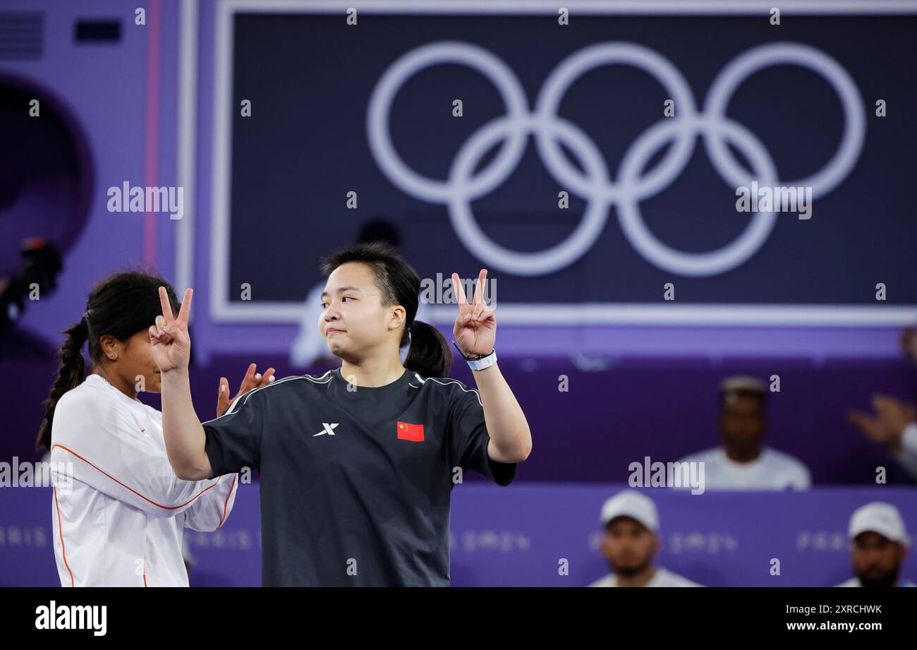 Paris, France. 9th Aug, 2024. Liu Qingyi (R) of China, known as B-Girl ...