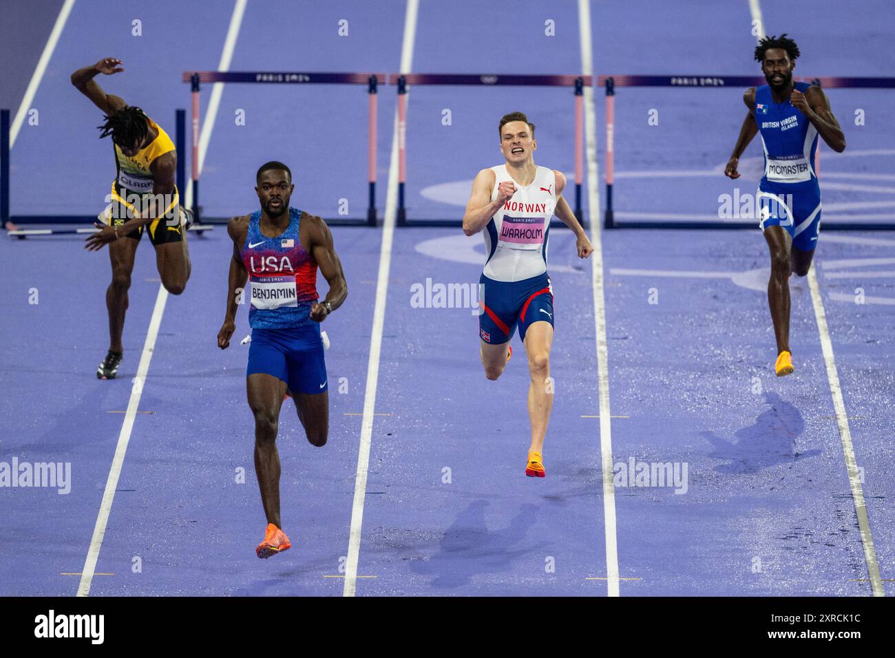 Roshawn Clarke of, Jamaica. , . Rai Benjamin of USA, Karsten Warholm of ...