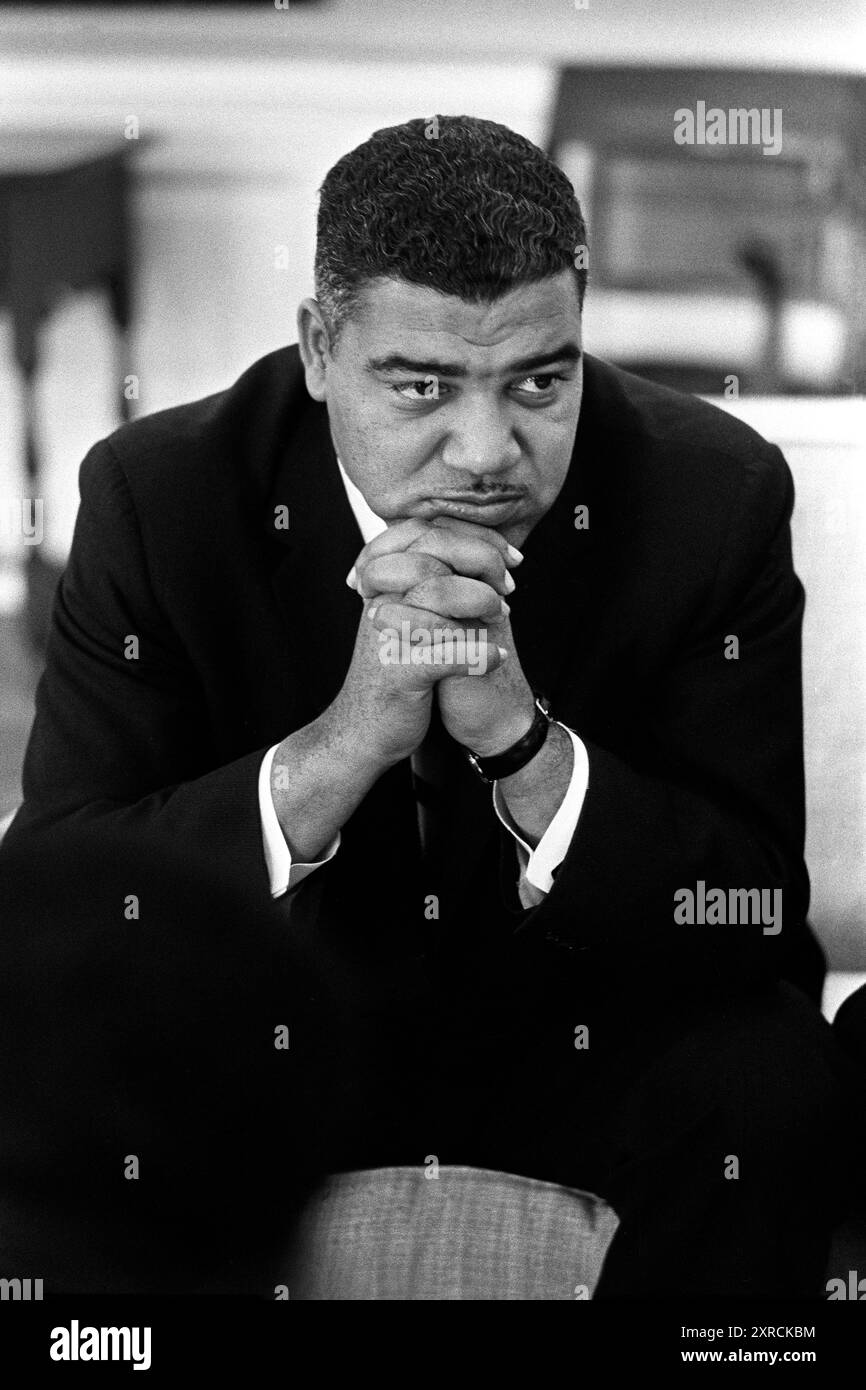Roy Wilkins, during civil rights meeting with U.S. President Lyndon ...