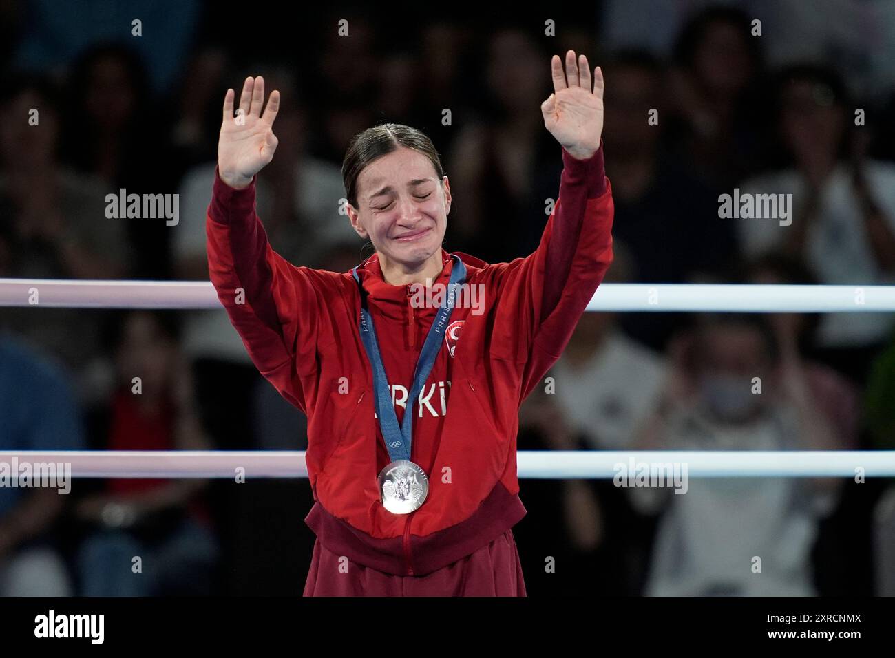 Silver medalist Turkey's Buse Naz Cakiroglu reacts during a medals ...