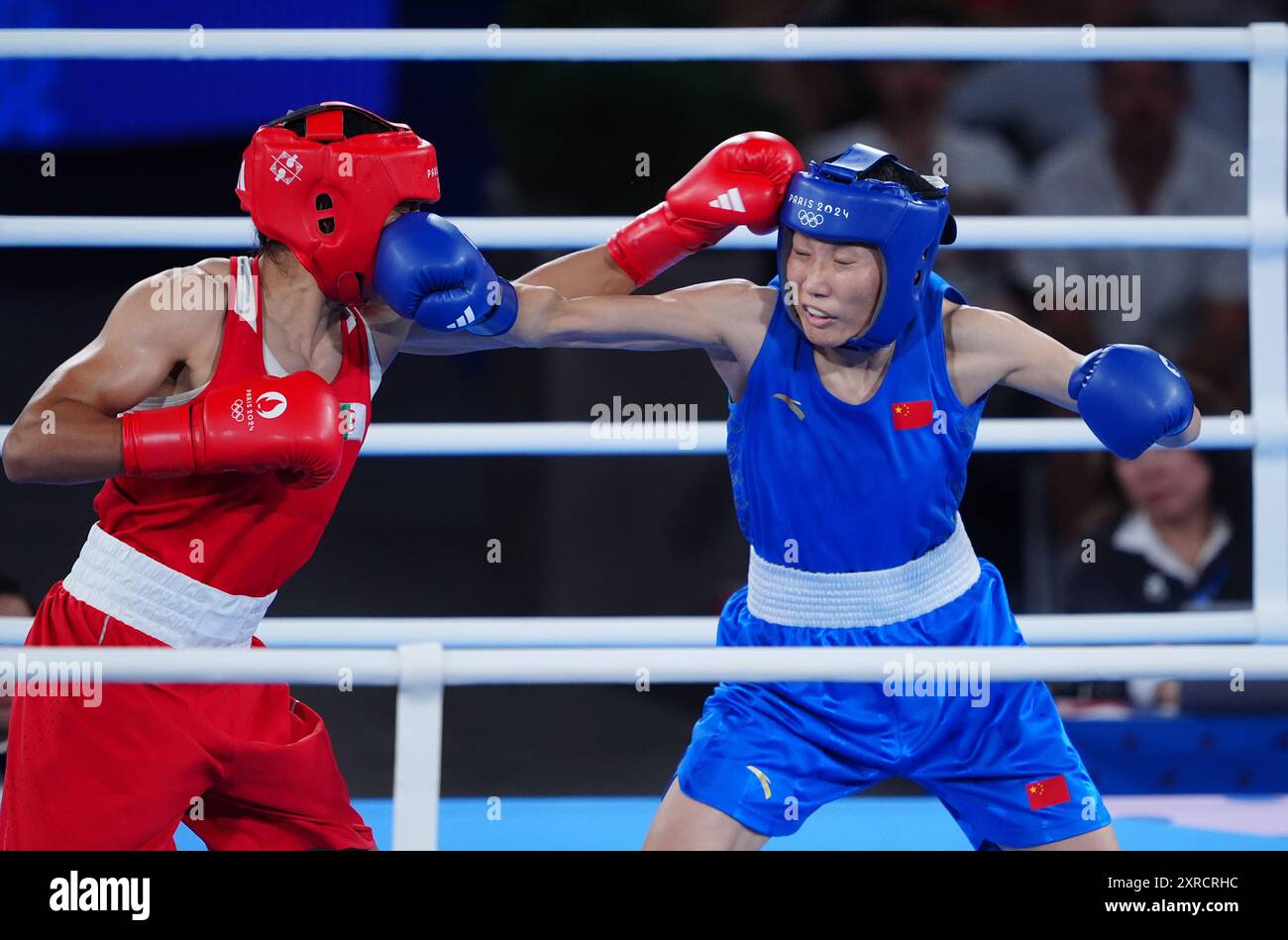 Algeria’s Imane Khelif (left) in action against China’s Liu Yang during the Women’s 66kg Final ...