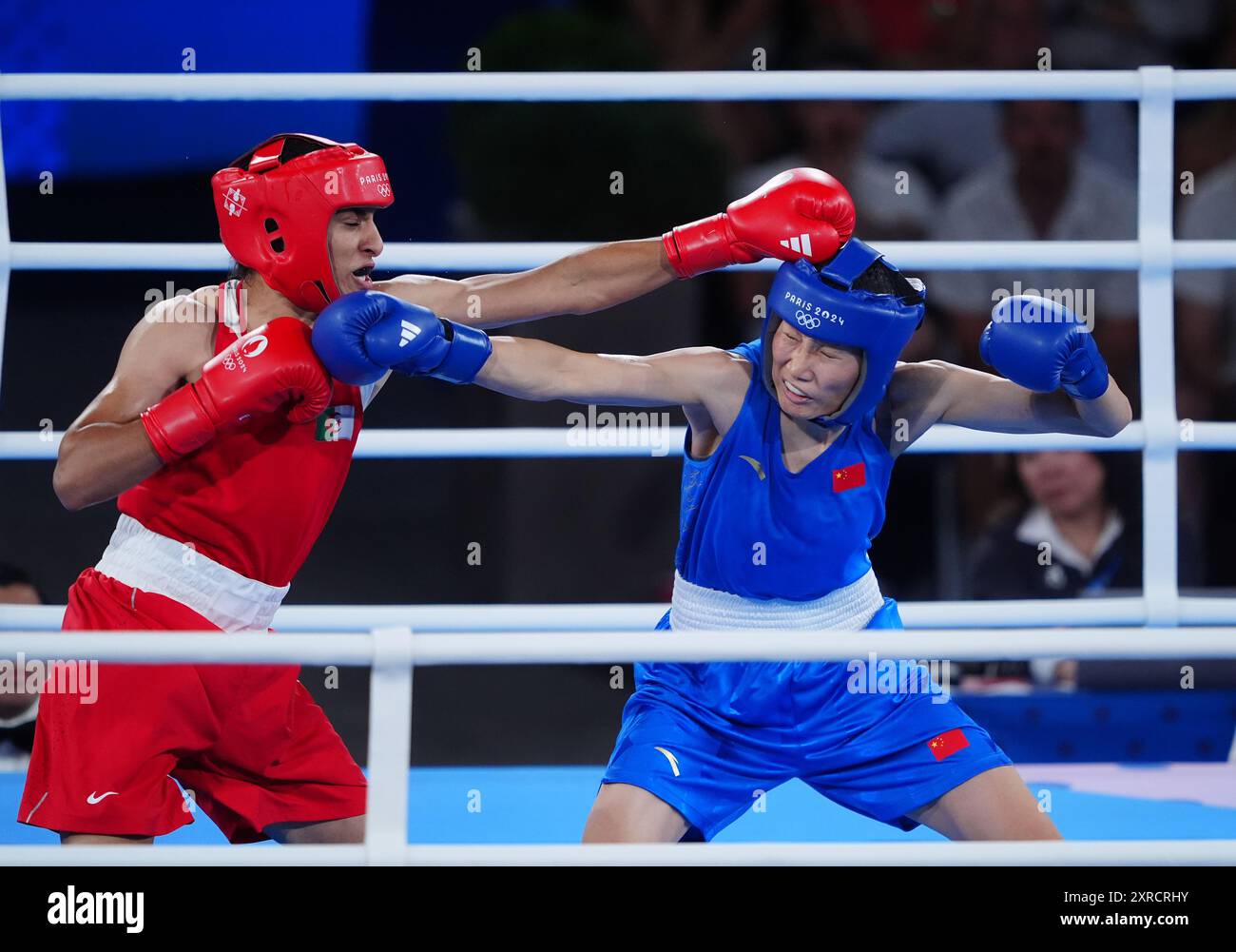 Algeria’s Imane Khelif (left) in action against China’s Liu Yang during the Women’s 66kg Final ...