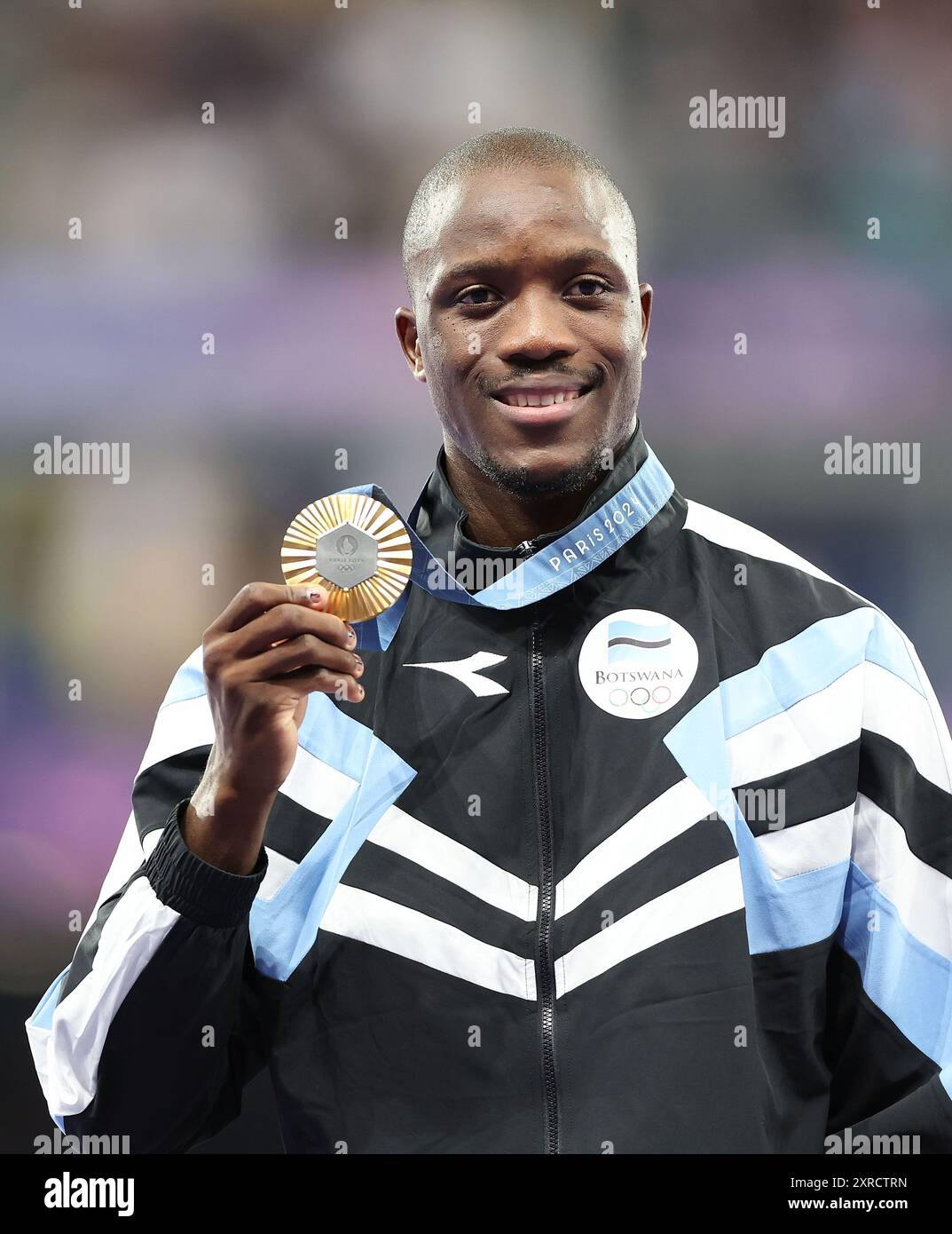Paris, France. 9th Aug, 2024. Gold medalist Letsile Tebogo of Botswana ...