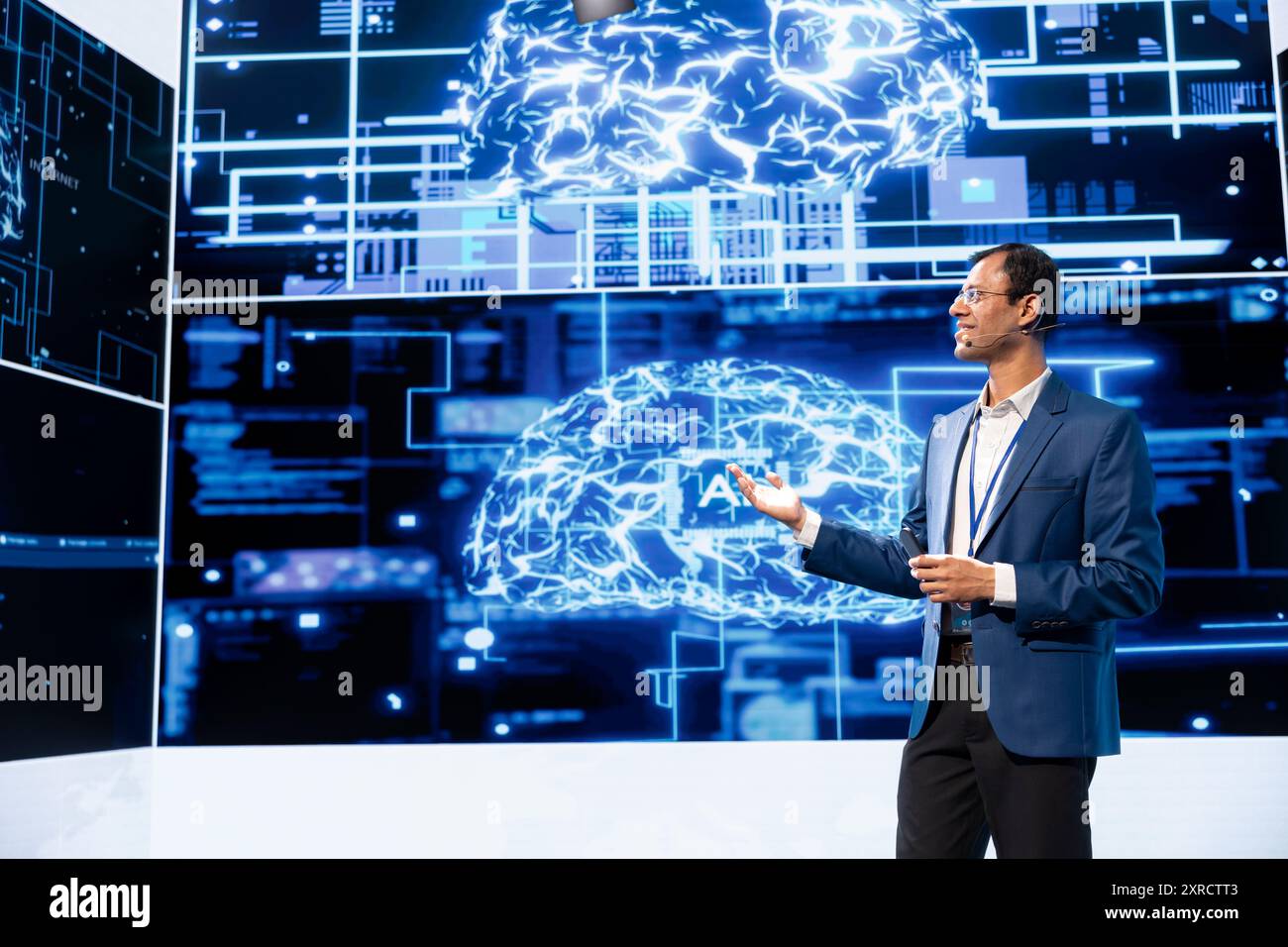 Cheerful presenter speaking at tech conference, exploring latest AI ...