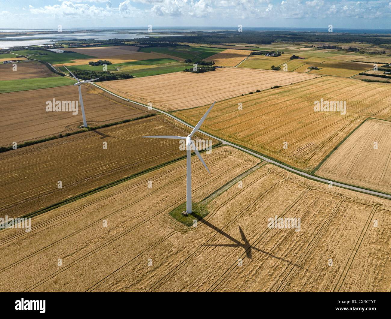 Aerial view of wind turbines and wheat fields in Jutland, northern ...