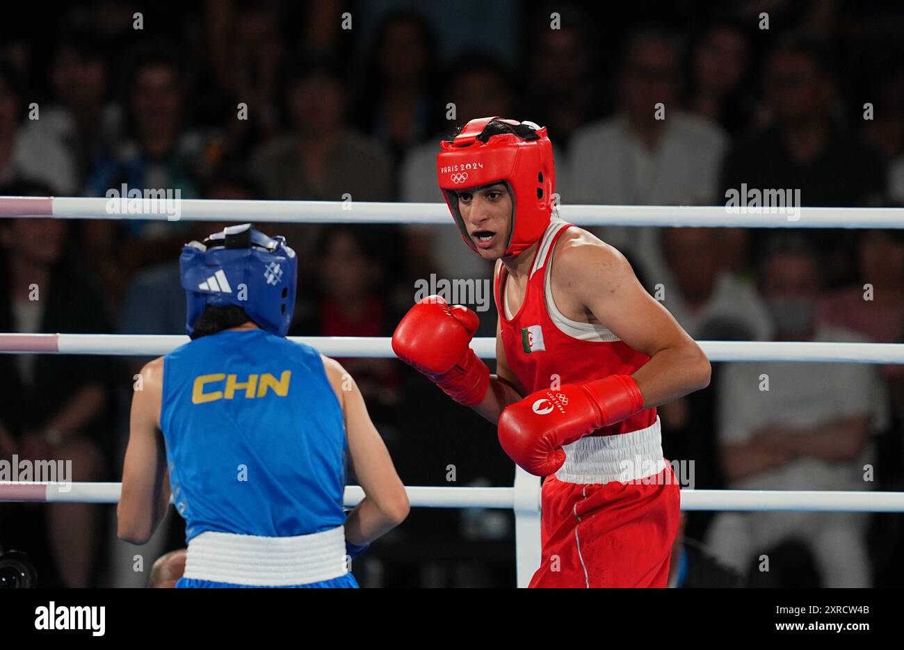 August 06 2024: Imane Khelif (Algeria) competes against Liu Yang ...