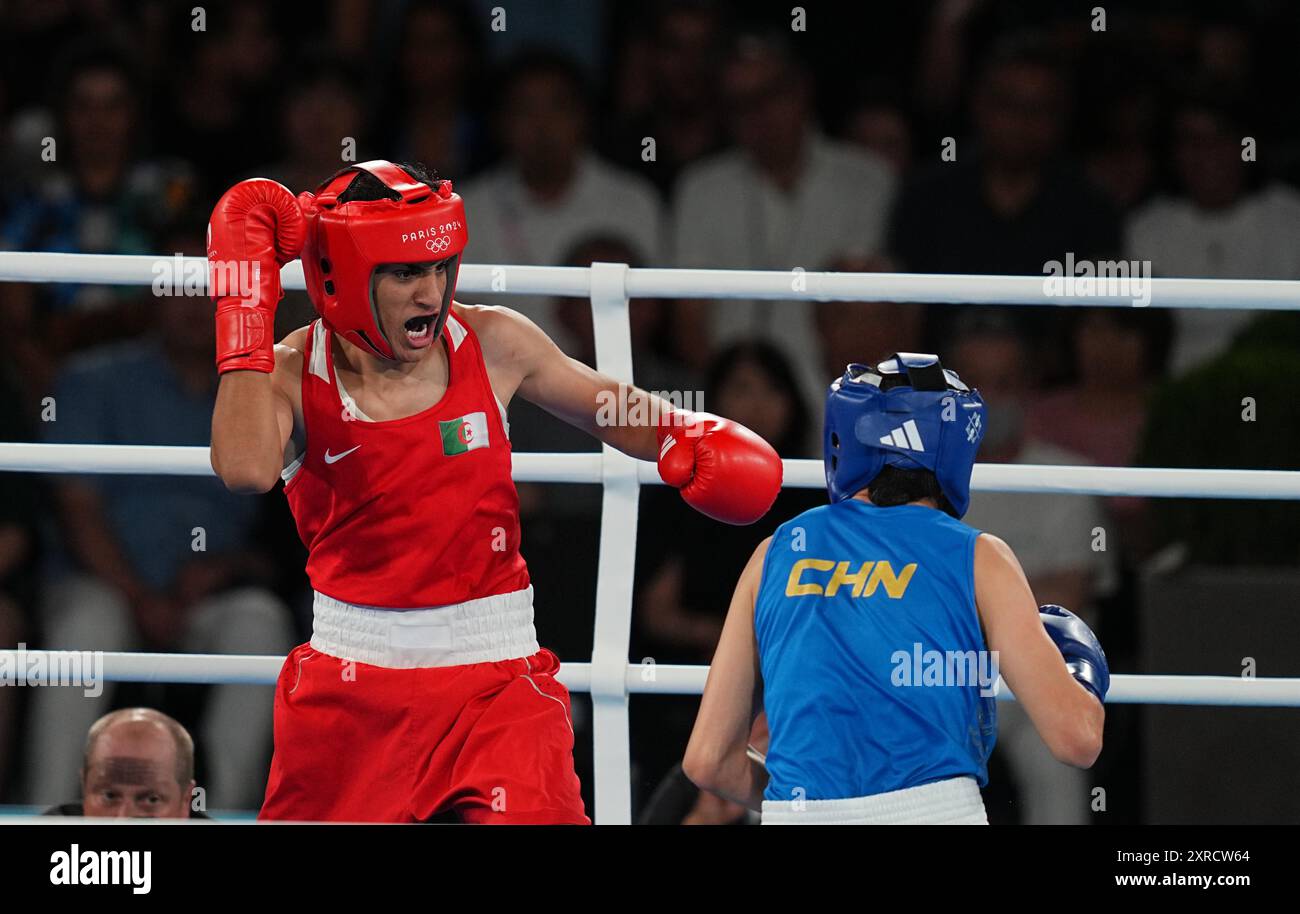 August 06 2024: Imane Khelif (Algeria) competes against Liu Yang ...