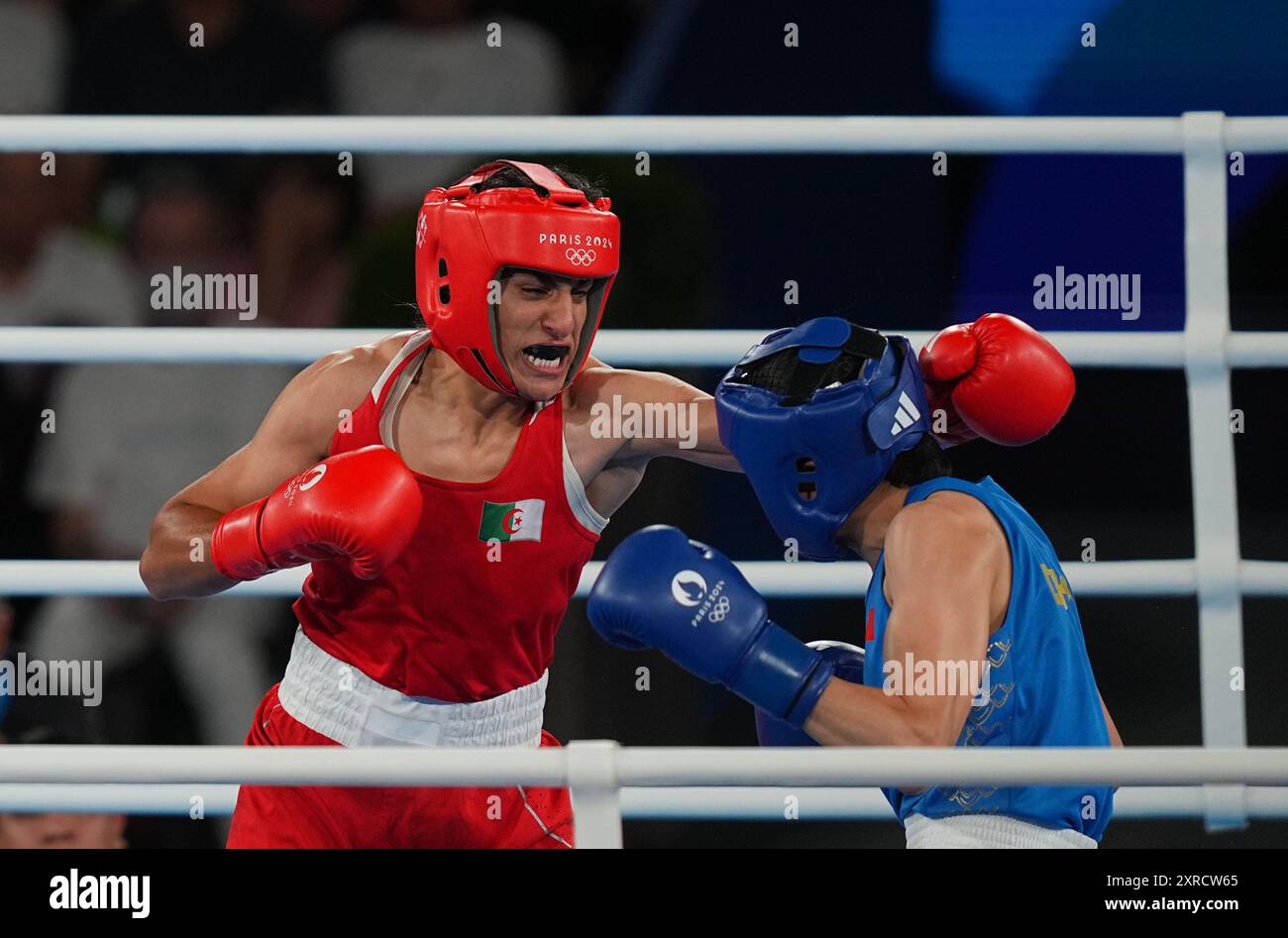 August 06 2024: Imane Khelif (Algeria) competes against Liu Yang ...