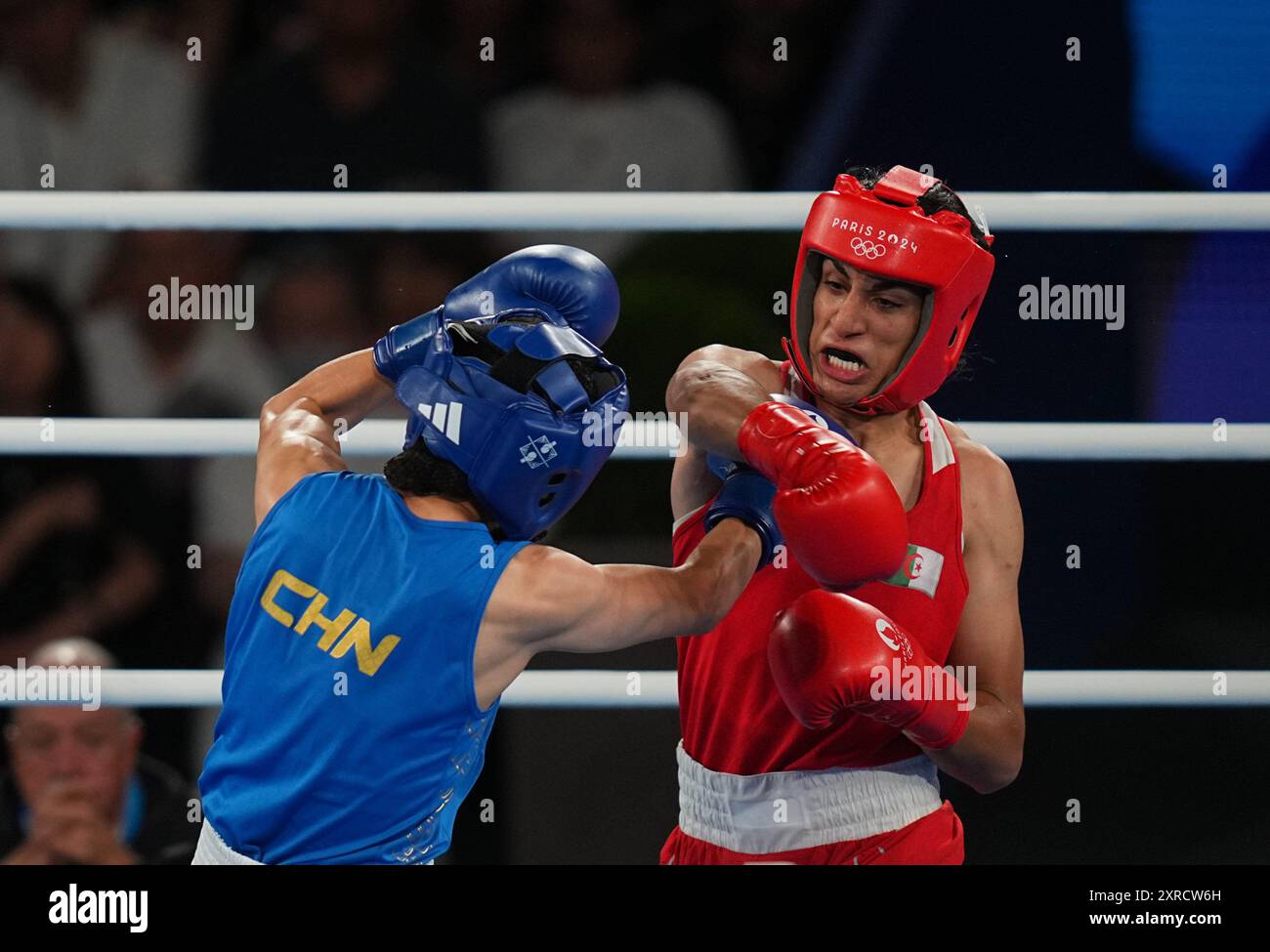 August 06 2024: Imane Khelif (Algeria) competes against Liu Yang ...