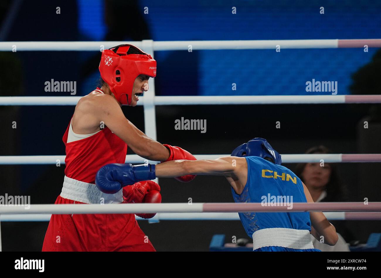 August 06 2024: Imane Khelif (Algeria) competes against Liu Yang ...