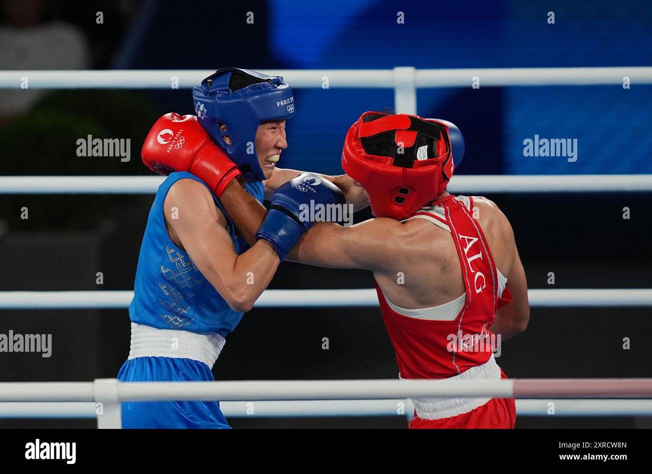 August 06 2024: Imane Khelif (Algeria) competes against Liu Yang ...