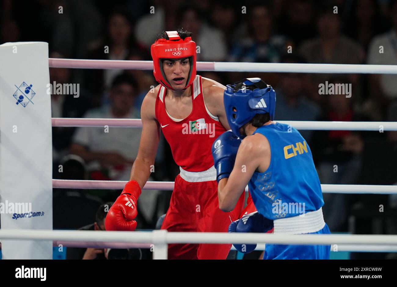 August 06 2024: Imane Khelif (Algeria) competes against Liu Yang ...