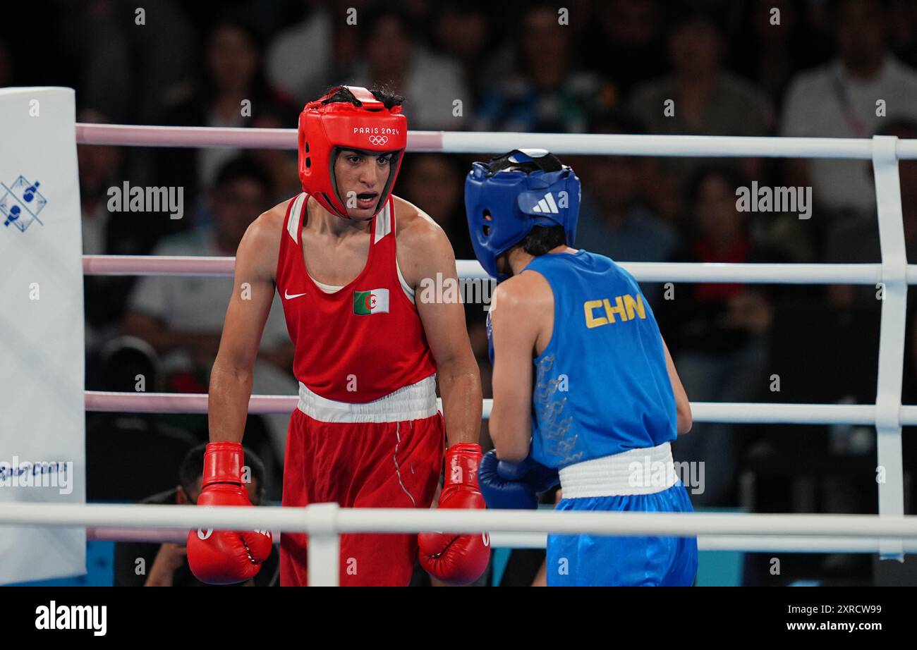 August 06 2024: Imane Khelif (Algeria) competes against Liu Yang ...