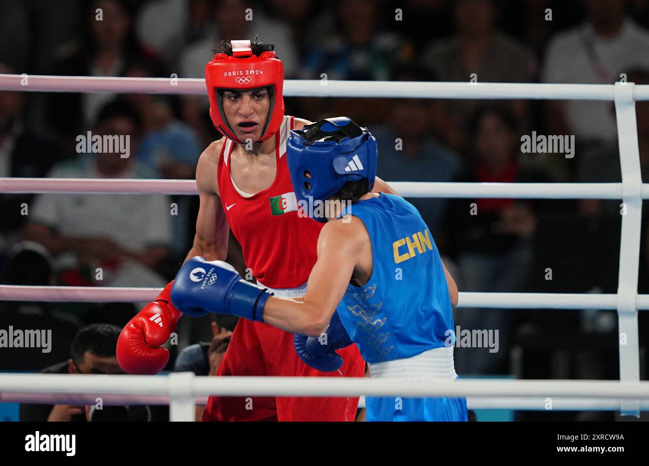 August 06 2024: Imane Khelif (Algeria) competes against Liu Yang ...