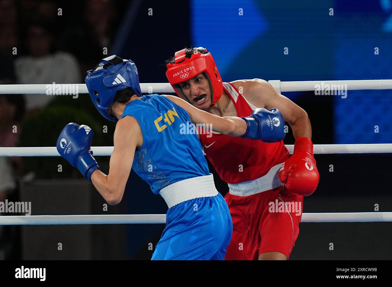 August 06 2024: Imane Khelif (Algeria) competes against Liu Yang ...