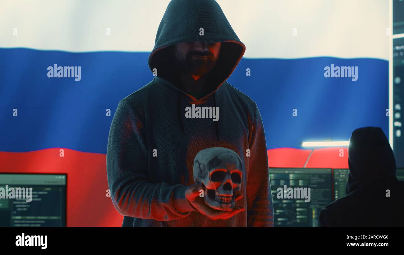 Russian hackers creating dark web maniac cybercrime in a control room ...