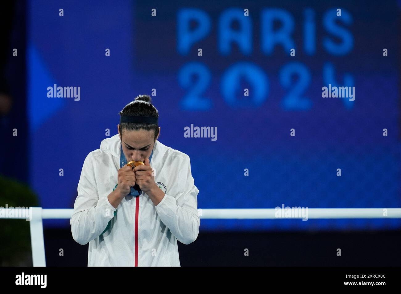 Gold medalist Algeria's Imane Khelif kisses her medal for the women's ...