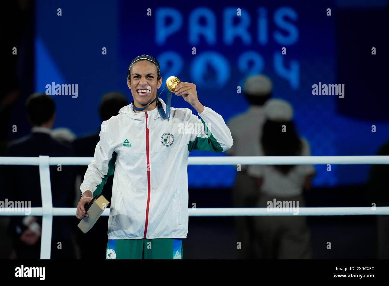 Gold medalist Algeria's Imane Khelif poses during a medals ceremony for ...