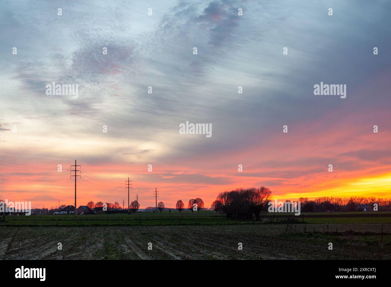 The setting sun in the flemish country side colors the sky intensely ...