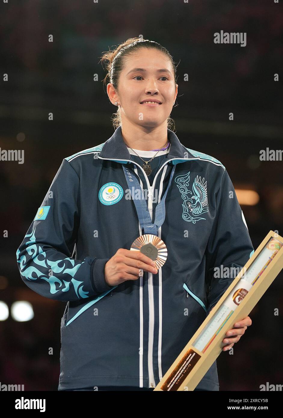 Paris, France. 9th Aug, 2024. Bronze medalist Nazym Kyzaibay of ...